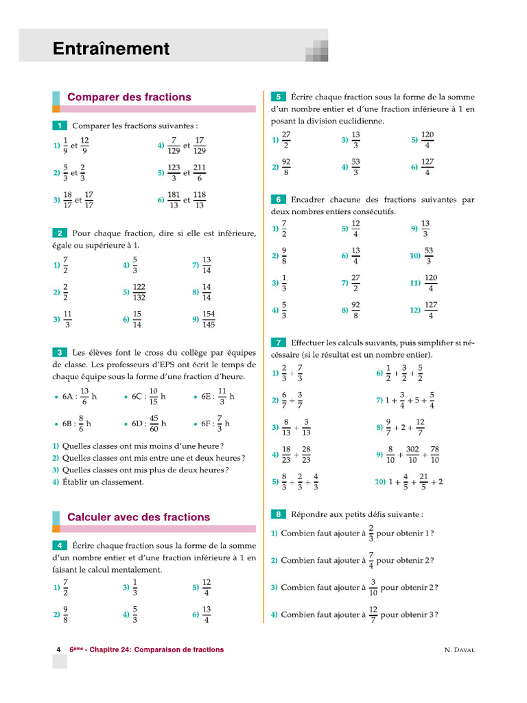 039 Exercices Comparer Des Fractions 6ème | PDF