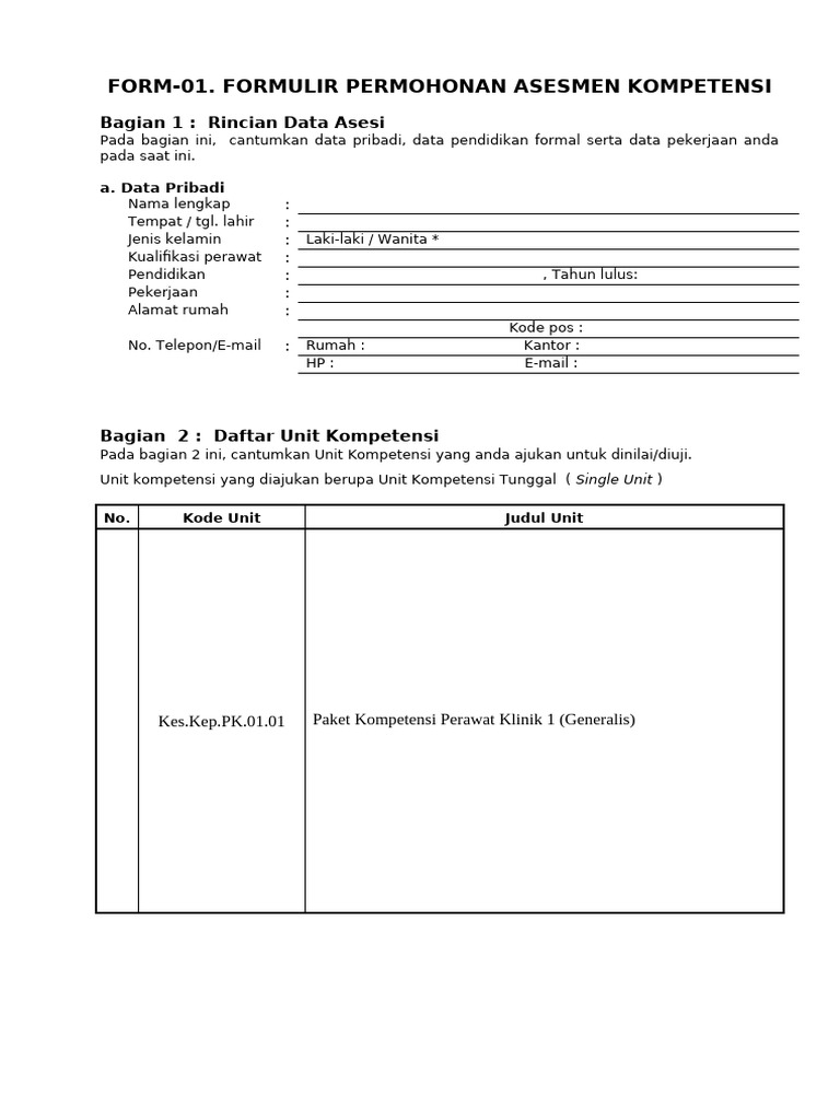 01. FORM-01 Permohonan Asesmen | PDF