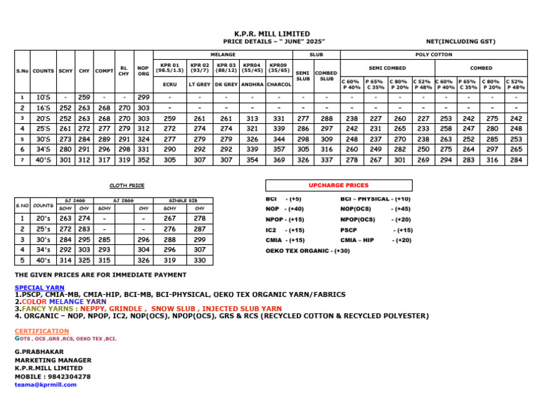 KPR Mill LTD ''June 2025'' Price List | PDF | Textiles | Textile Industry