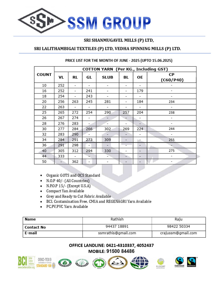 June 2025 Cotton Yarn Price List | PDF | Textiles | Textile Industry