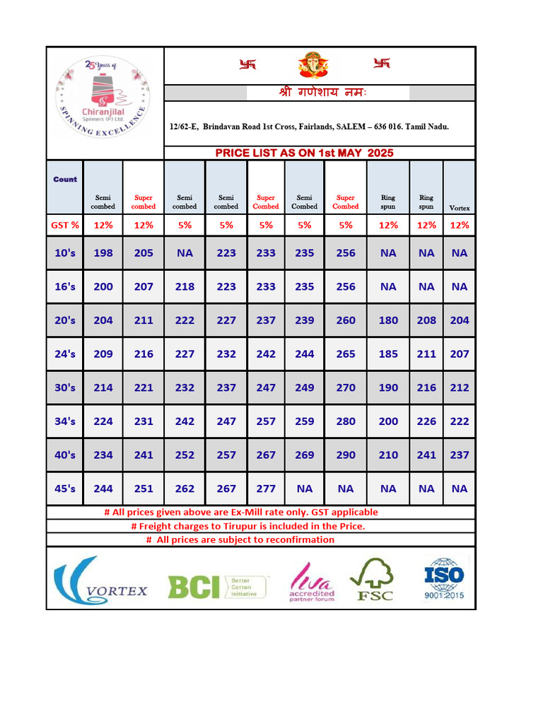 CSPL Tirupur Pricelist - June 2025 | PDF