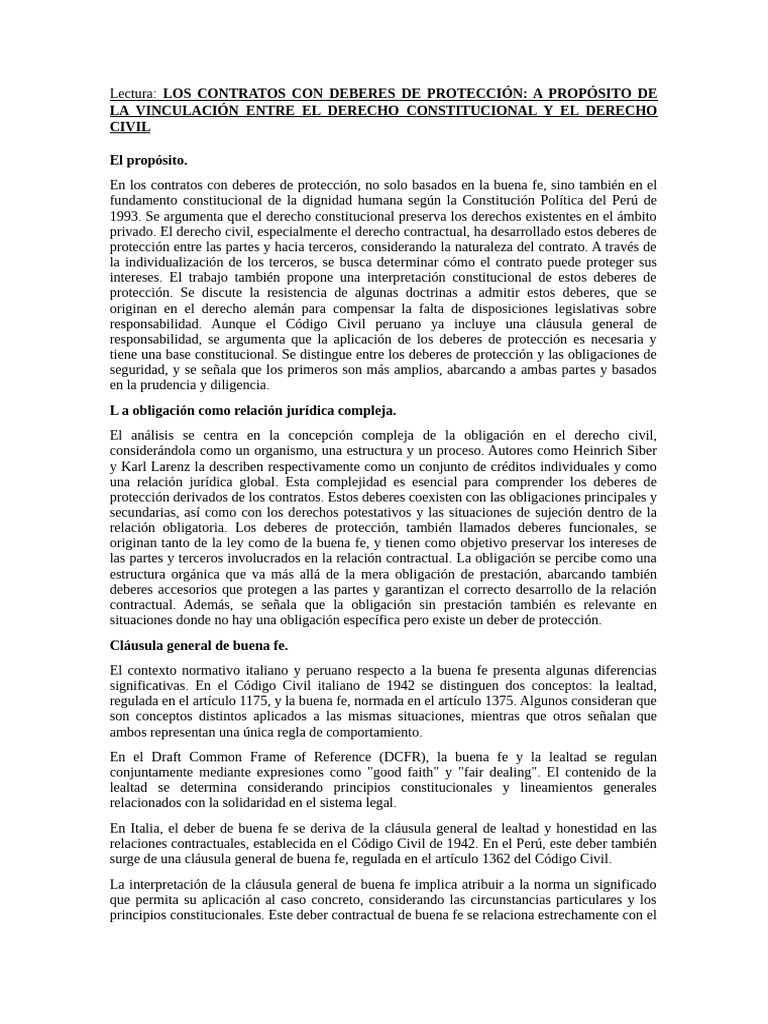Lectura Los Contratos Con Deberes de Protección A Propósito de La Vinculación Entre El Derecho ...