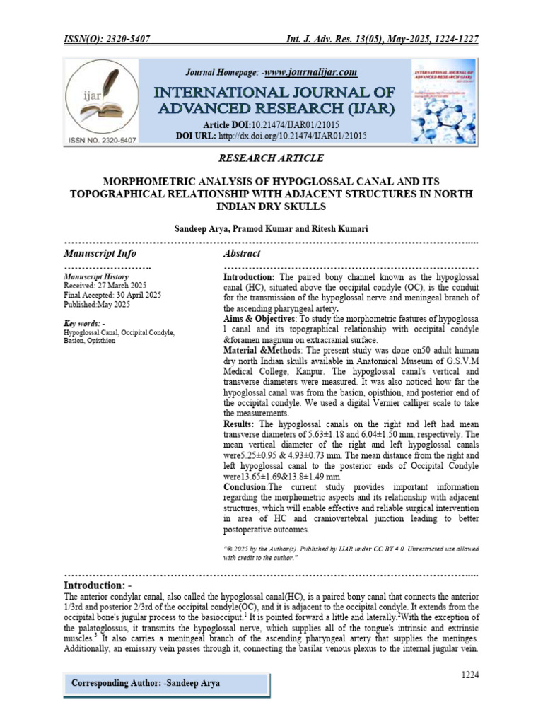 Morphometric Analysis of Hypoglossal Canal and Its Topographical ...