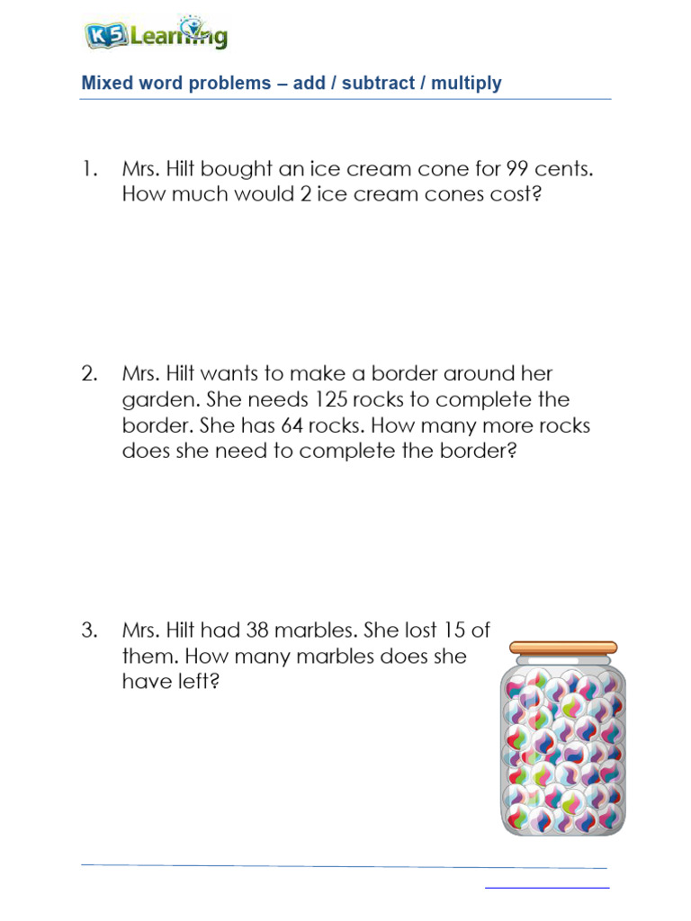 Grade 2 Mixed Word Problems Worksheet | PDF