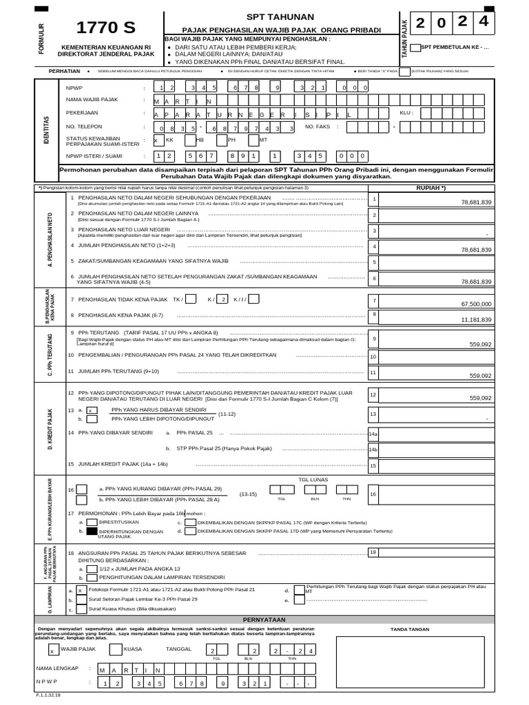 Formulir Excel SPT Tahunan PPH Orang Pribadi - 1770 S | PDF