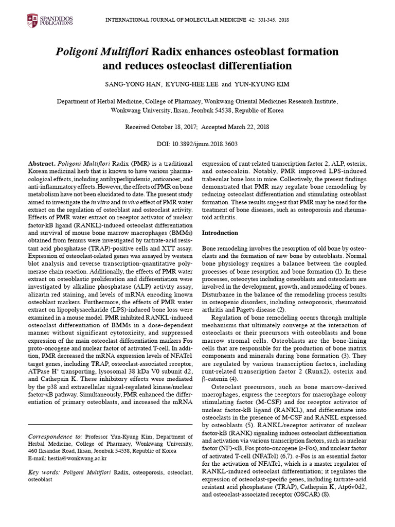Poligoni Multiflori Radix Enhances Osteoblast Formation and Reduces ...