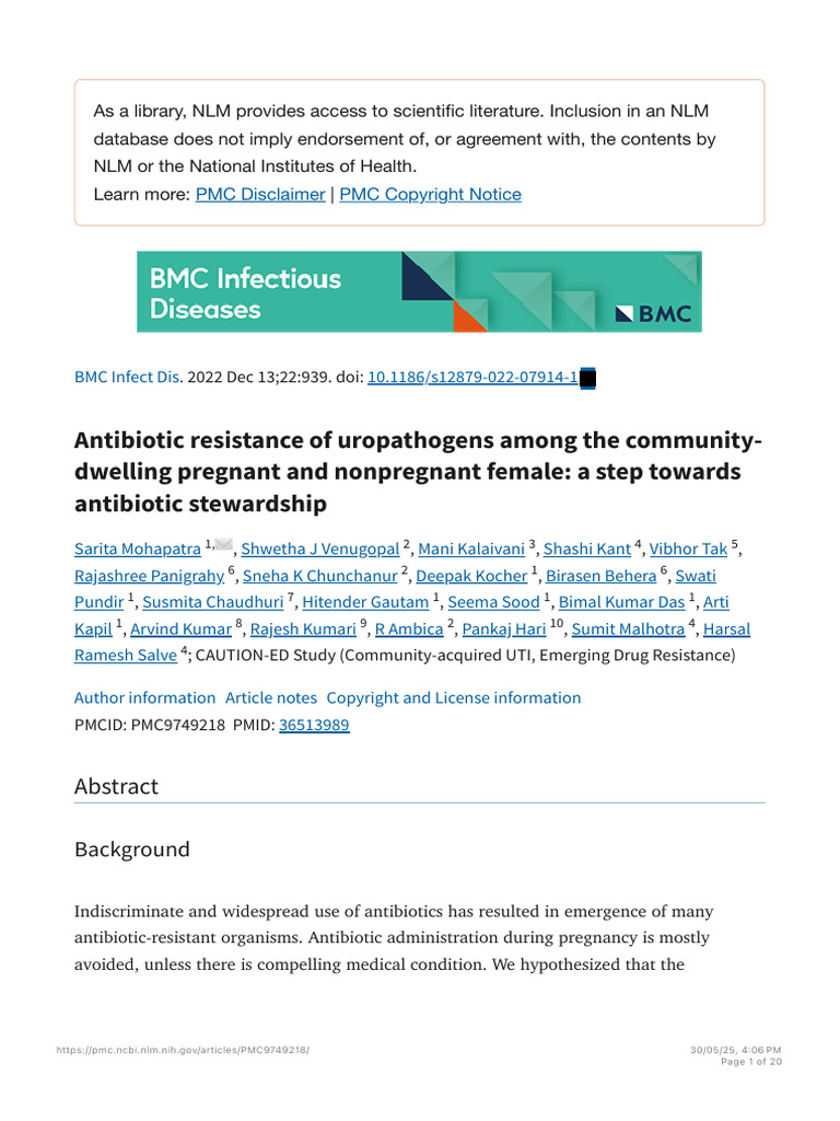 Antibiotic Resistance of Uropathogens Among The Community-Dwelling Pregnant and | PDF | Urinary ...