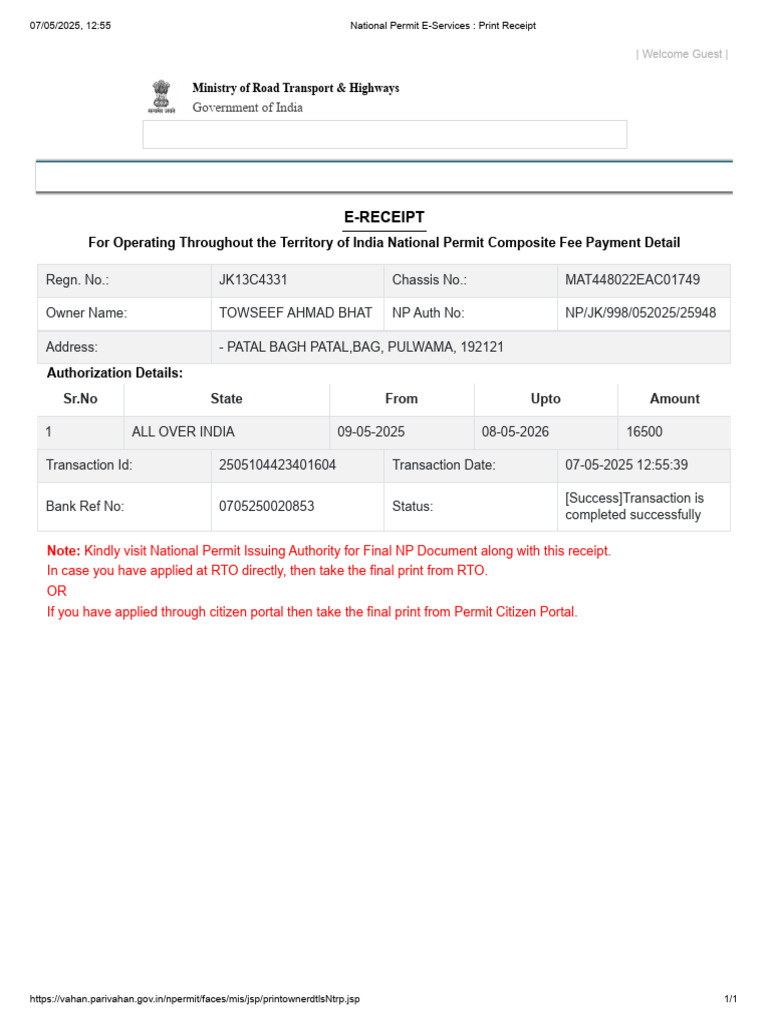 National Permit Payment Receipt | PDF
