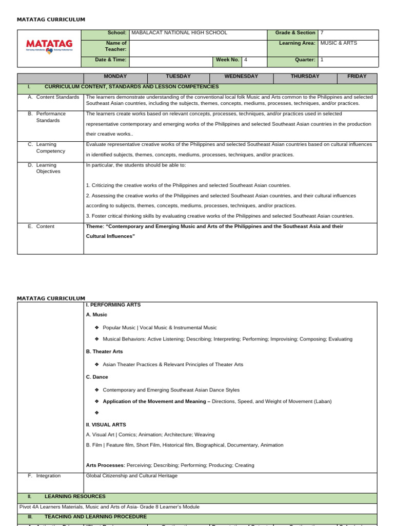 Q1 DLL - Music - Arts 7 - Lesson 3 - Week 4 | PDF | Curriculum | Learning