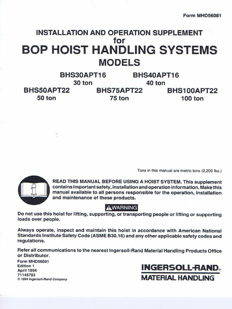 2. Installation & Operation Supplement For BOP Hoist Handling Systems | PDF