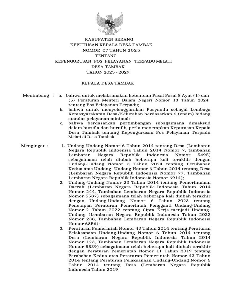 Draft SK Pengurus Dan Kader Posy Desa (Permendagri 13 2024) | PDF