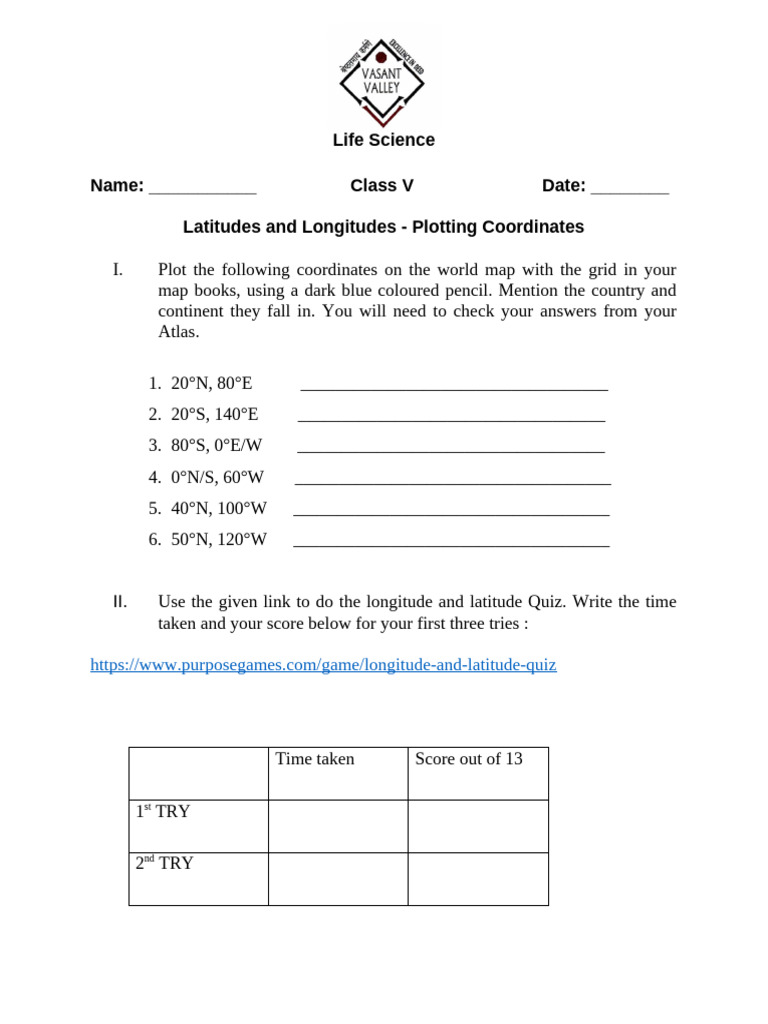 WEA 1 Plotting Coordinates and Latitude Longitude Quiz Copy 3 | PDF