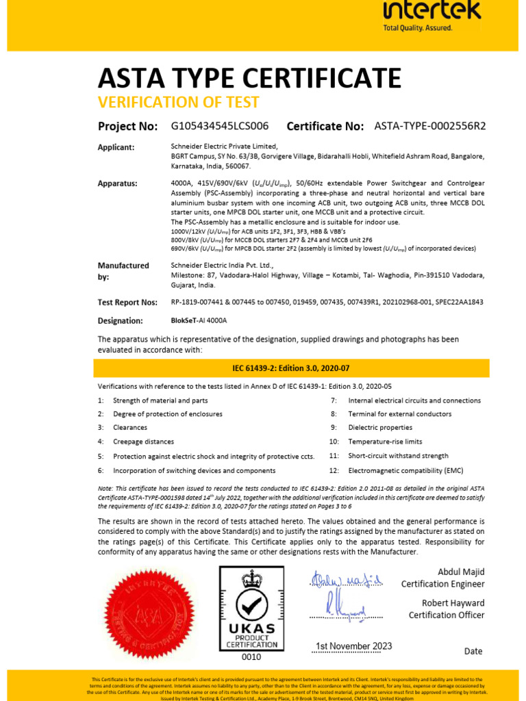 ASTA Type Certificate for Schneider Electric | PDF | Electrical ...