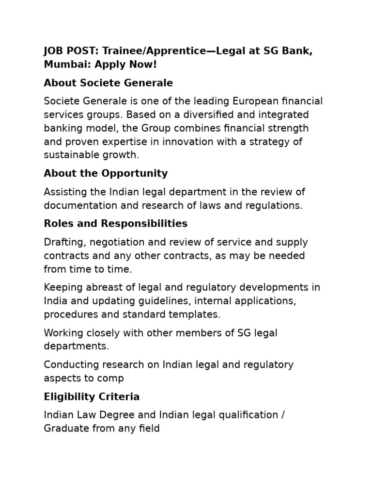 Job Post Trainee at SG Bank | PDF