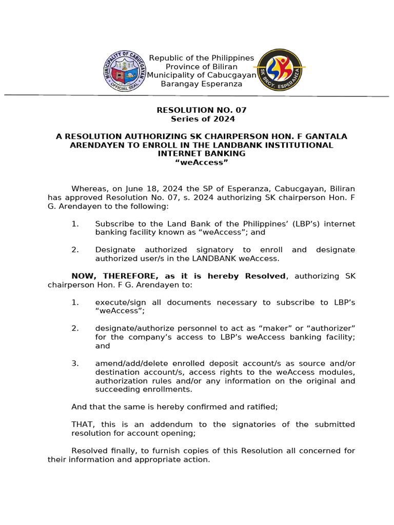 Resolution for SK Chairperson's Banking Access | PDF
