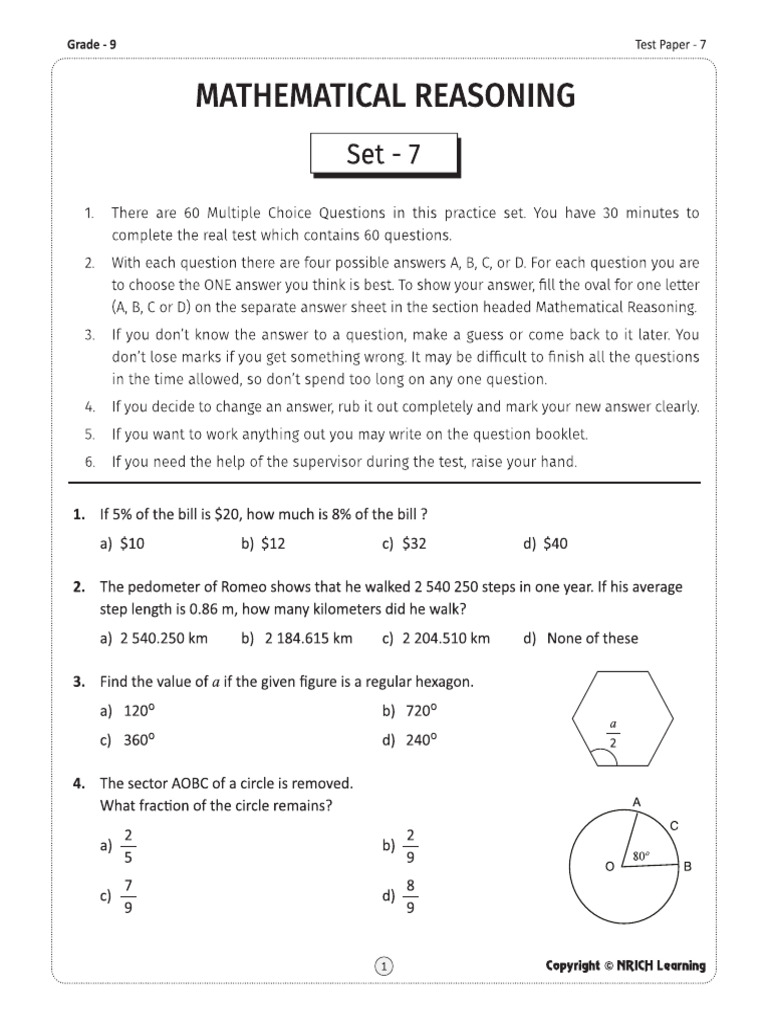 Grade 9 Mathematical Reasoning Test Paper - 7 2025 | PDF