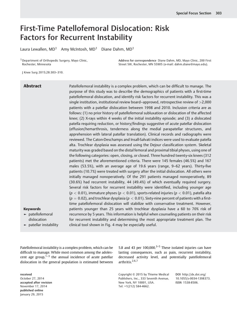 Patellofemoral Dislocation: Recurrence Risks | PDF | Knee ...
