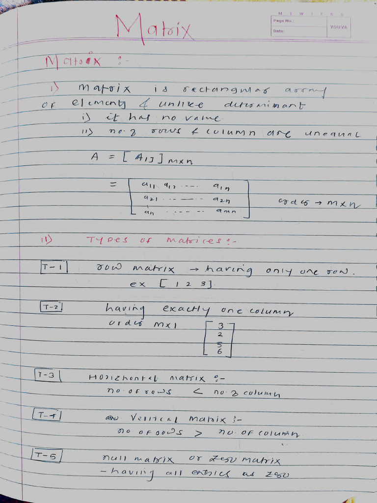 Matrices - Short Notes | PDF