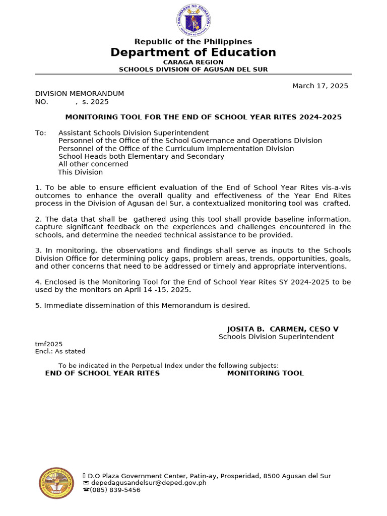 Memo Monitoring Tool For The End of School Year Rites 2024 2025 | PDF