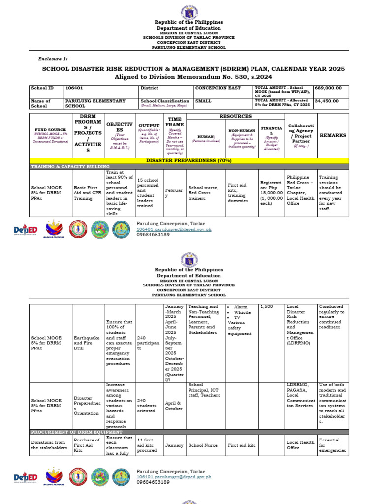 Parulung Es - DRRM Plan For Calendar Year 2025 | PDF | Emergency Management | Safety