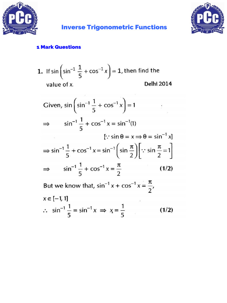 Mathematics - PYP Chapter-Wise - Relations & Functions - 3. Inverse Trigonometric Functions | PDF