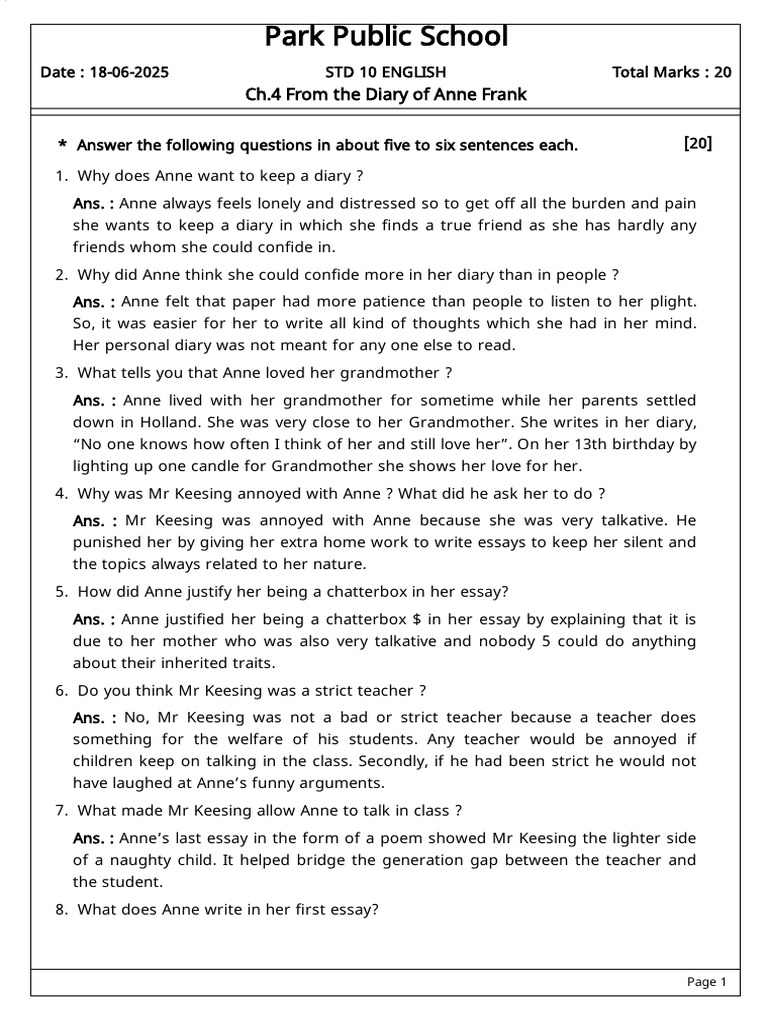 Ch.4 From The Diary of Anne Frank - Solution | PDF