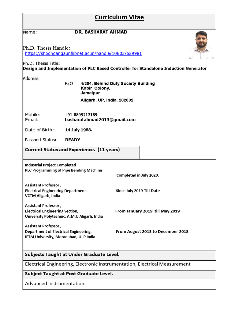 Resume Ph.D. EE (Basharat Ahmad) | PDF | Electrical Engineering ...