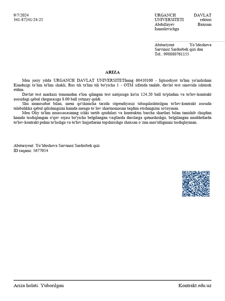 Ariza: Ariza Holati: Yuborilgan Kontrakt - Edu.uz | PDF