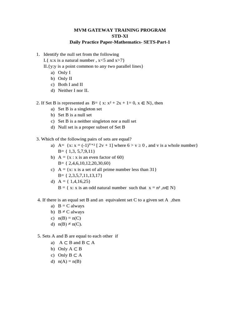 DPP 01 STD XI SETS Part 1 With Answer Key | PDF | Mathematics | Chess Theory