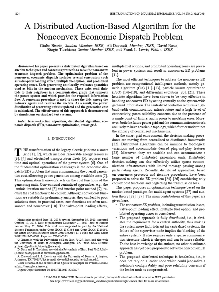 A Distributed Auction-Based Algorithm For The Nonconvex Economic Dispatch Problem-2014 | PDF ...