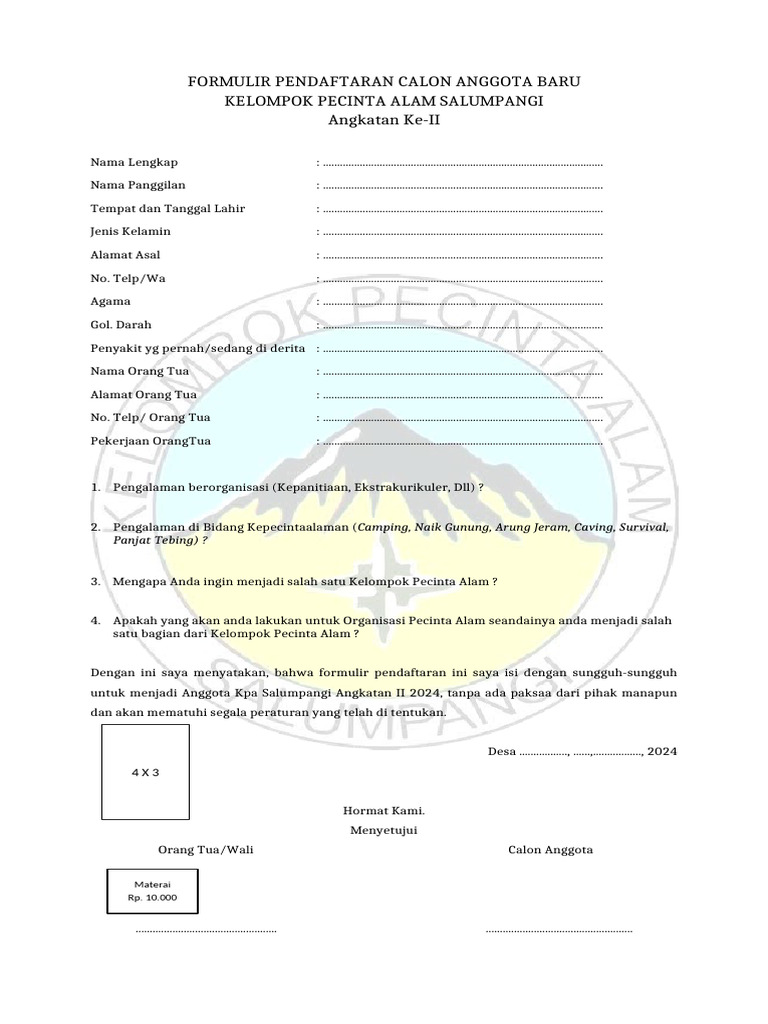Formulir Pendaftaran Calon Anggota Baru | PDF