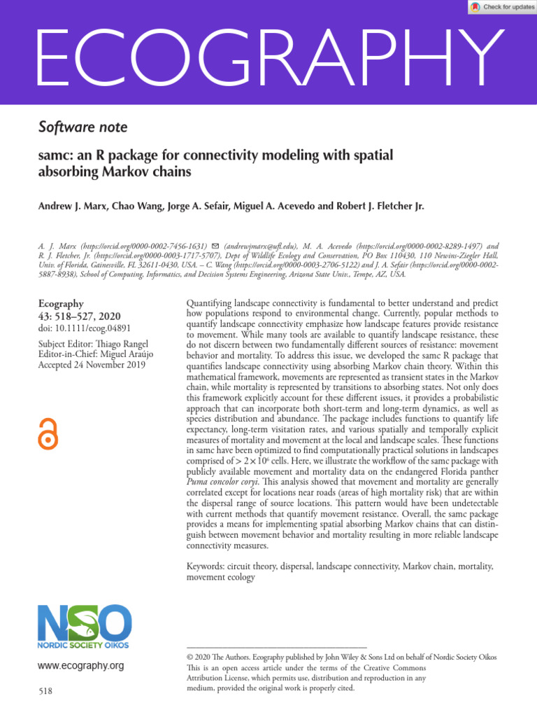 Ecography - 2020 - Marx - Samc An R Package For Connectivity Modeling With Spatial Absorbing ...