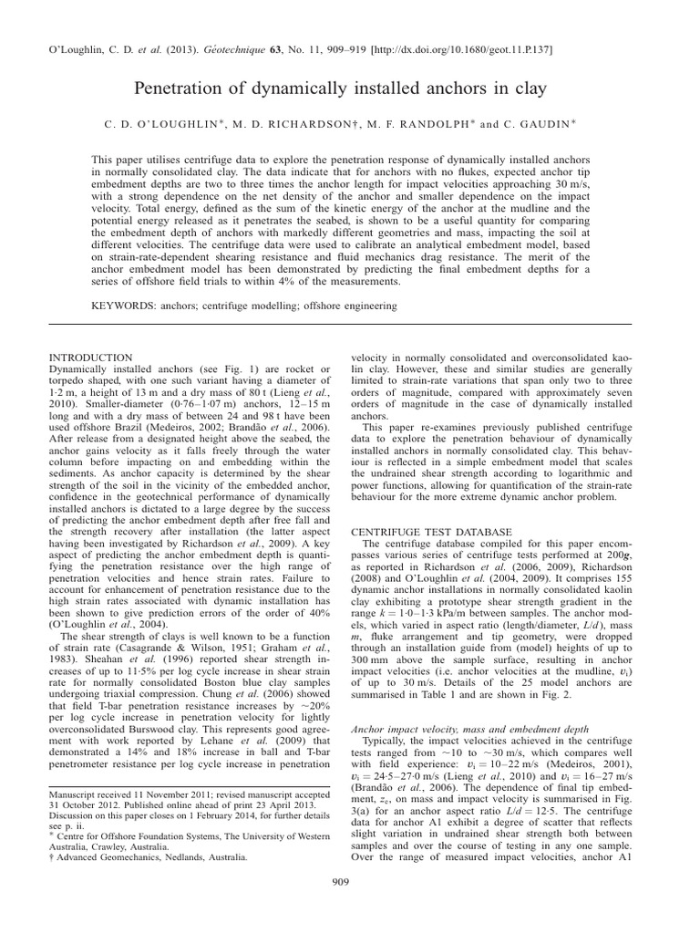 Penetration of Dynamically Installed Anchors in Clay | PDF | Anchor | Force