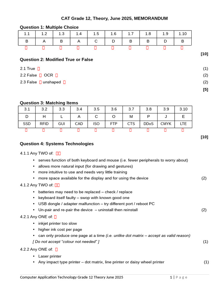CAT Grade 12 Theory June 2025 Memo | PDF | Printer (Computing ...
