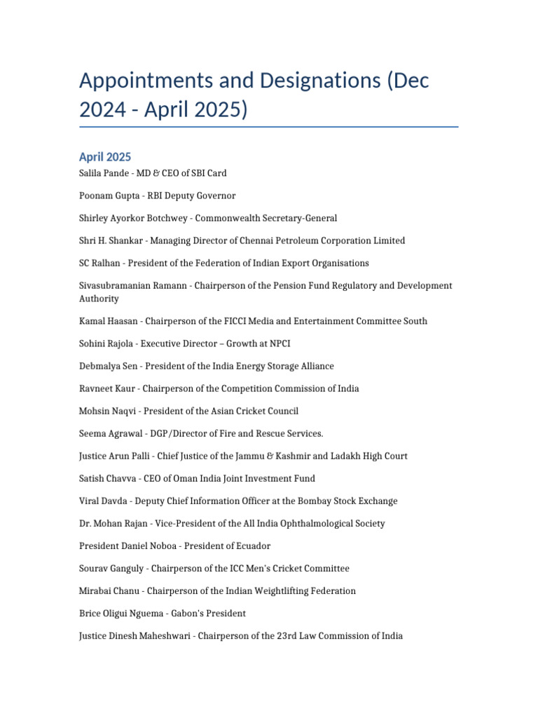 Appointments Designations Dec2024 April2025 | PDF | Government Of India