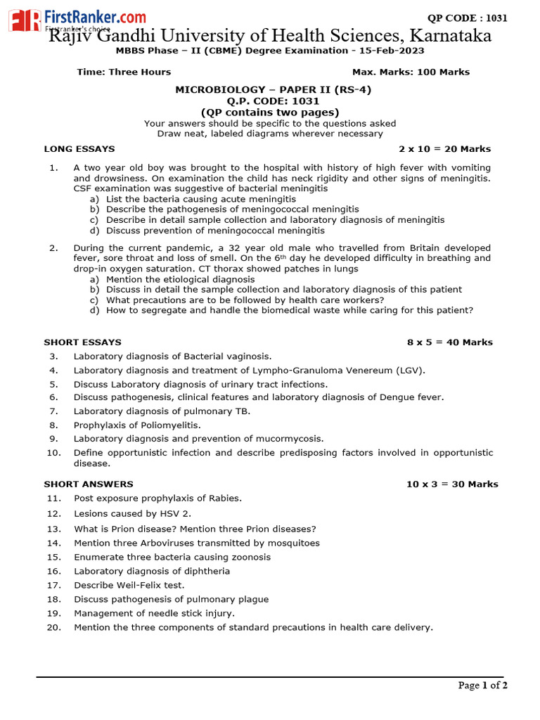 Rguhs March 2023 Micro Paper 2 | PDF | Meningitis | Streptococcus