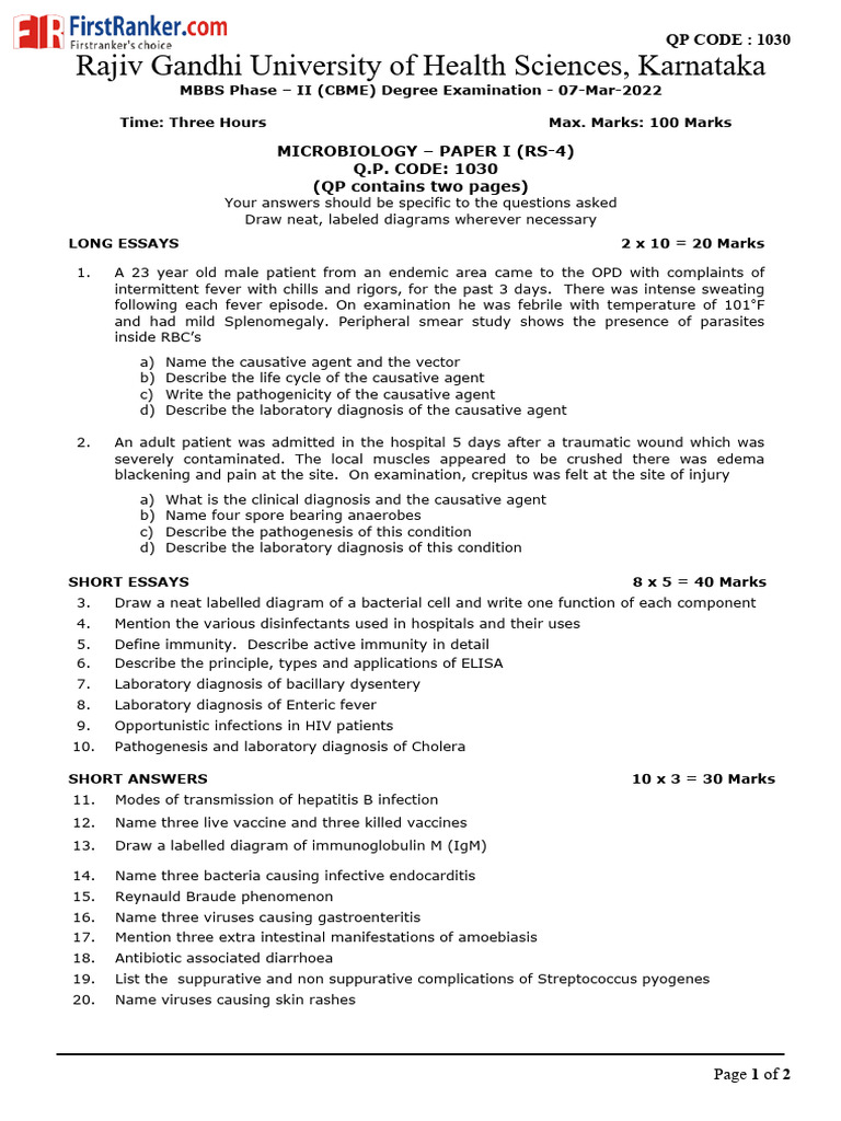 Rguhs March 2022 Micro Paper1 | PDF | Elisa | Hepatitis