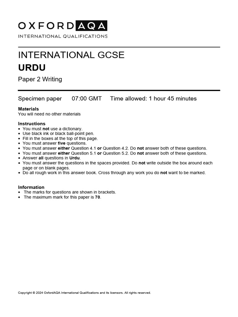 OxfordAQA GCSE Urdu Paper 2 v1.0 | PDF | Qualifications | Student ...