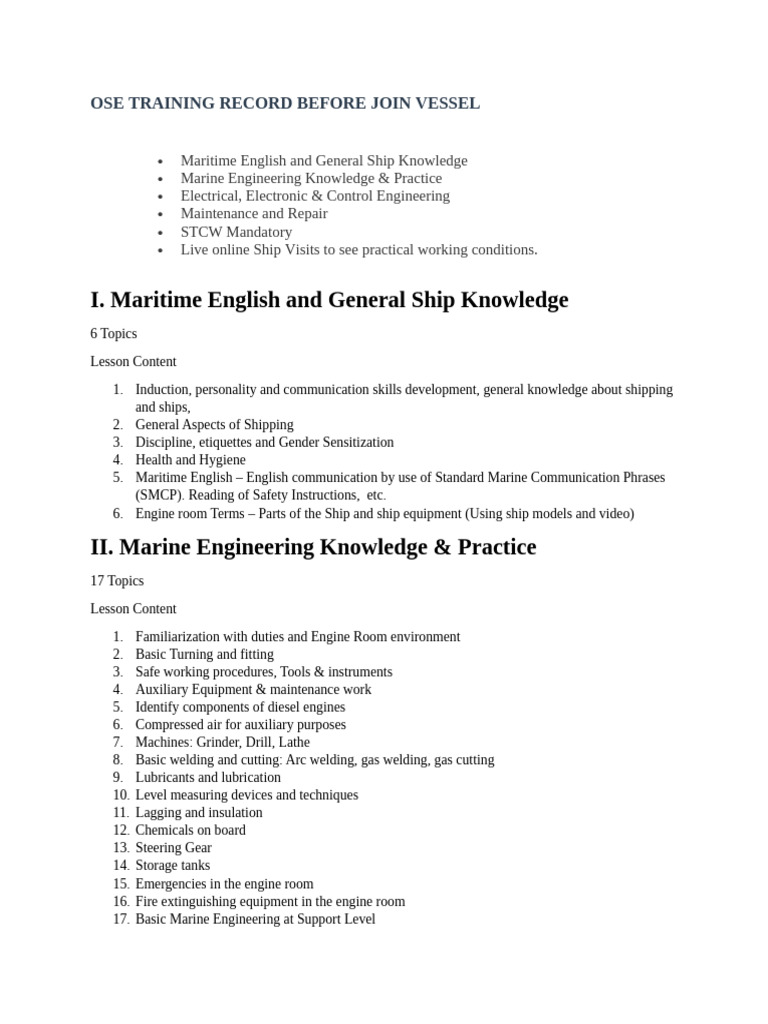 Ose Training Record Before Join Vessel (Standard) | PDF
