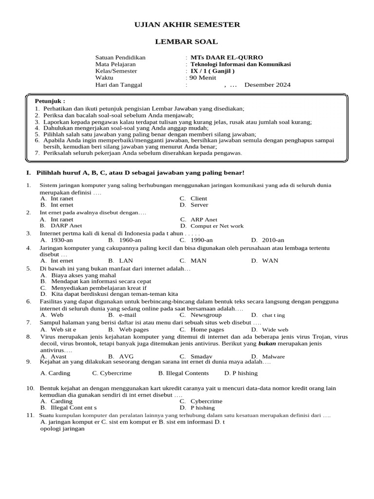 SOAL TIK KLS IX MTs DQ Semester Ganjil 2024 | PDF