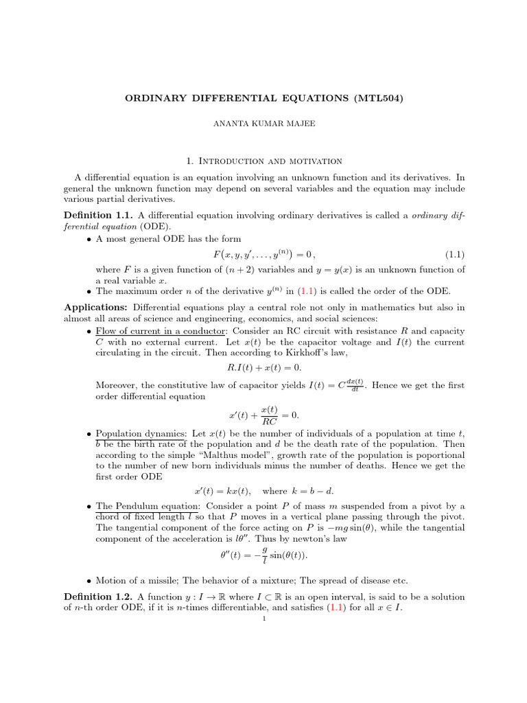 Ordinary Differential Equations (Mtl504) : Ordinary Dif-Ferential Equation | PDF | Ordinary ...