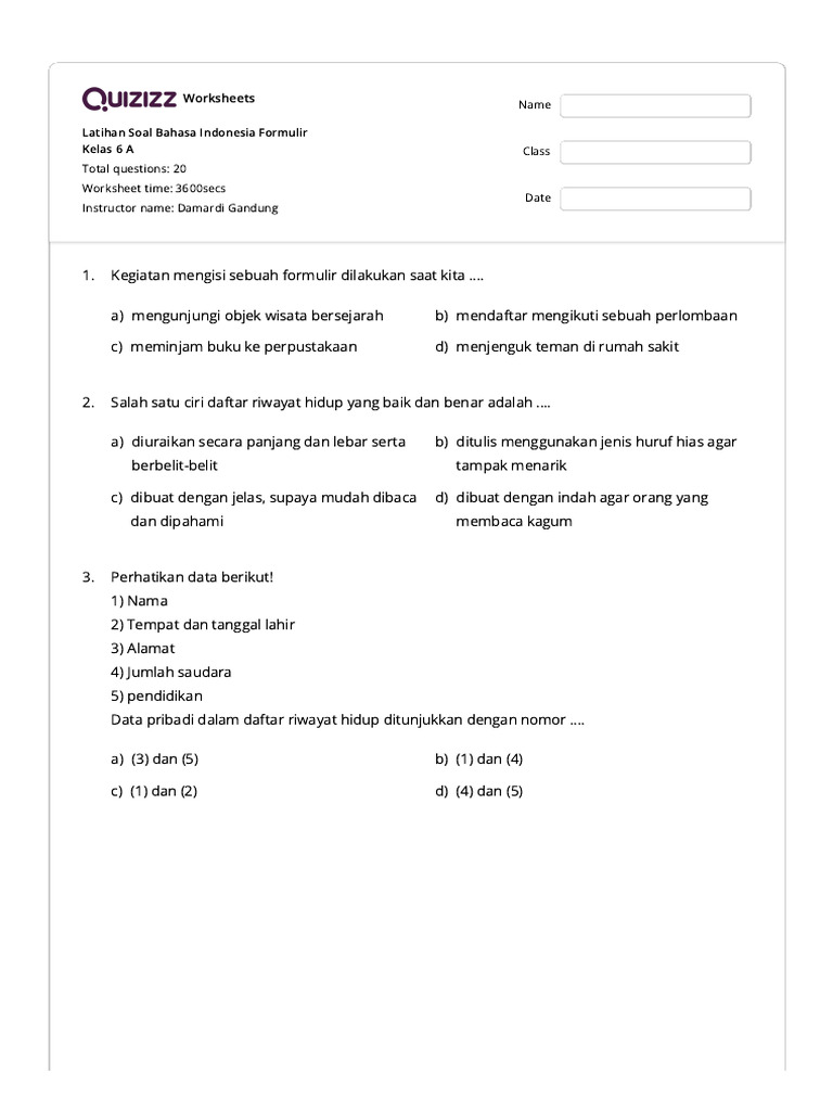 Latihan Soal Bahasa Indonesia Formulir Kelas 6 A - Quizizz | PDF