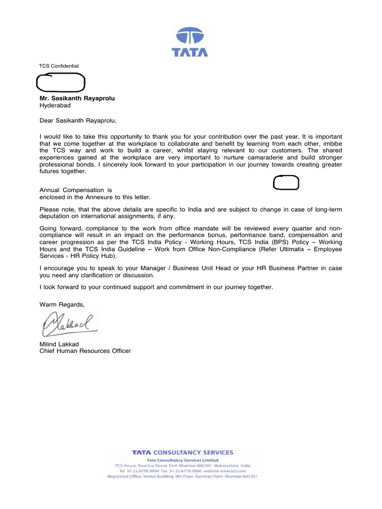TCS Annual Compensation Letter 2025 | PDF | Insurance | Taxes