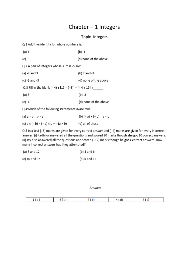Chapter 1 Integers | PDF