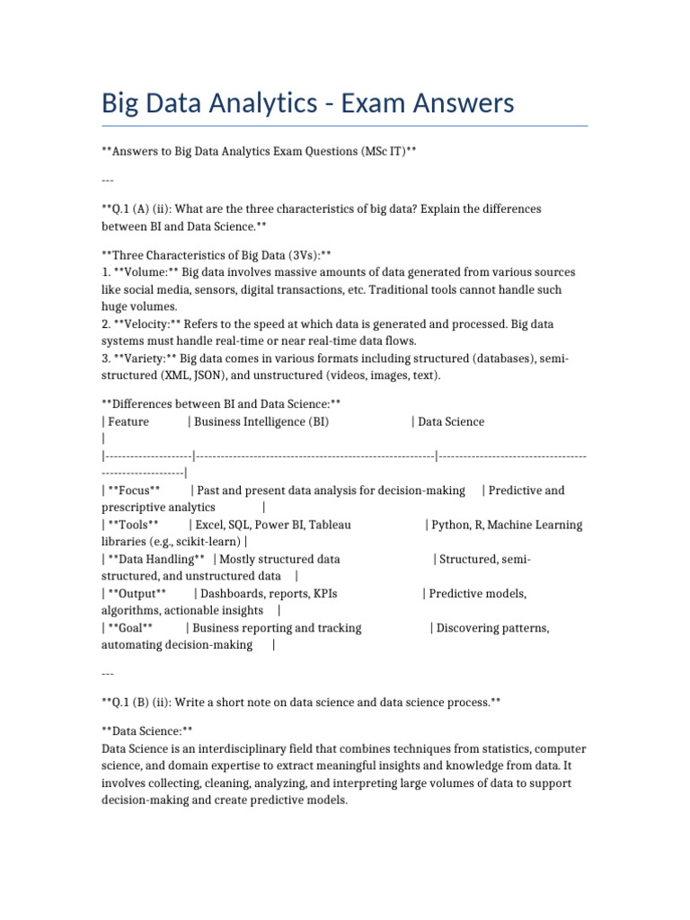 Big Data Analytics Exam Answers Cleaned | PDF | Apache Hadoop | Data Science