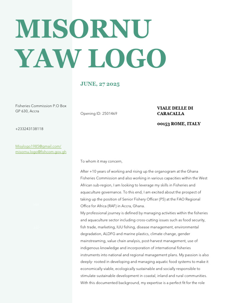 Cover Letter FAO (RAF) | PDF | Aquaculture | Food And Agriculture ...