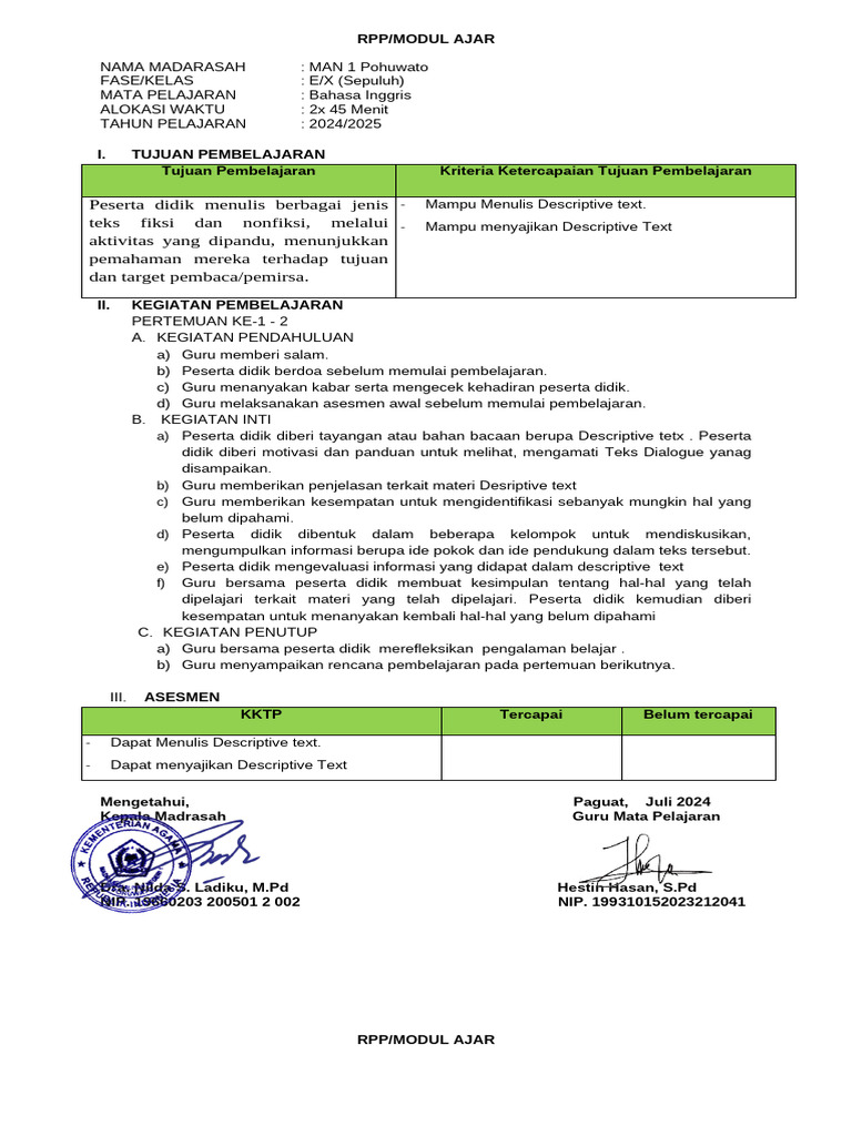 Modul Ajar Descriptive Text | PDF