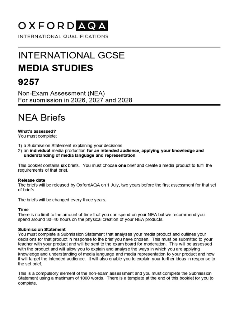 International GCSE Media Studies NEA Briefs 2026 2028 1 | PDF ...