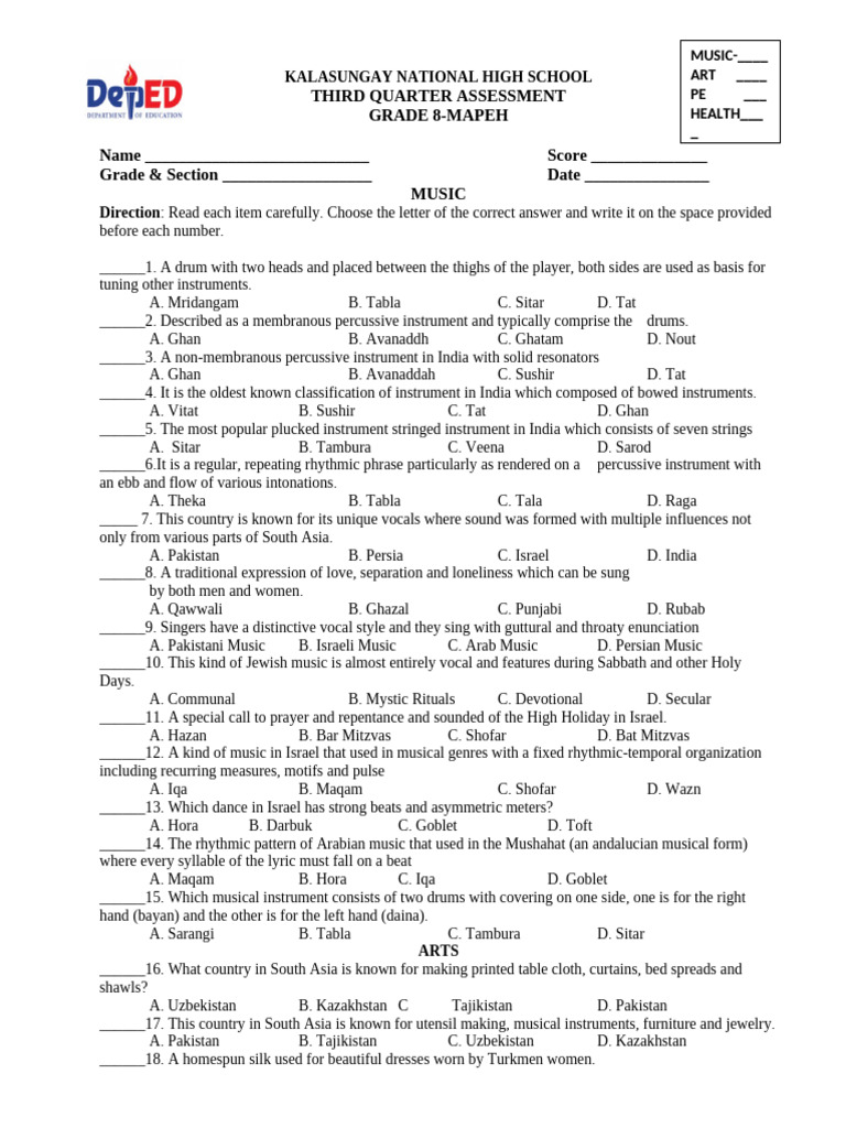 Grade 8 MAPEH Third Quarter Assessment | PDF | Pathogen | Parasitism