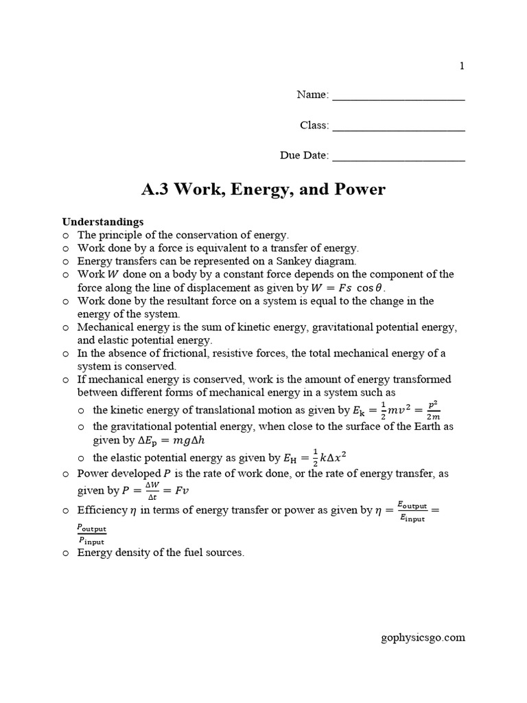 A.3 Work Energy and Power Version 2 | PDF | Force | Potential Energy